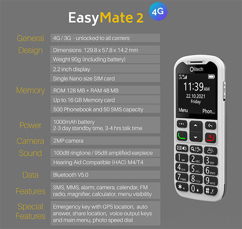 Olitech EasyMate 2 Unlocked 4G Mobile Phones Seniors - Hear for Less